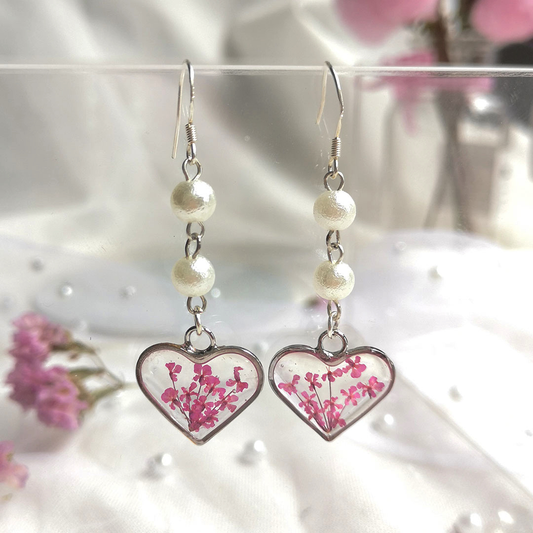 Heart Shaped Pink Lace Flower Dangling Earrings on Luulla