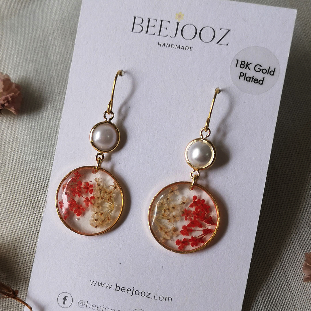 18k Gold Plated Round Red & White Lace Flower Drop on Luulla