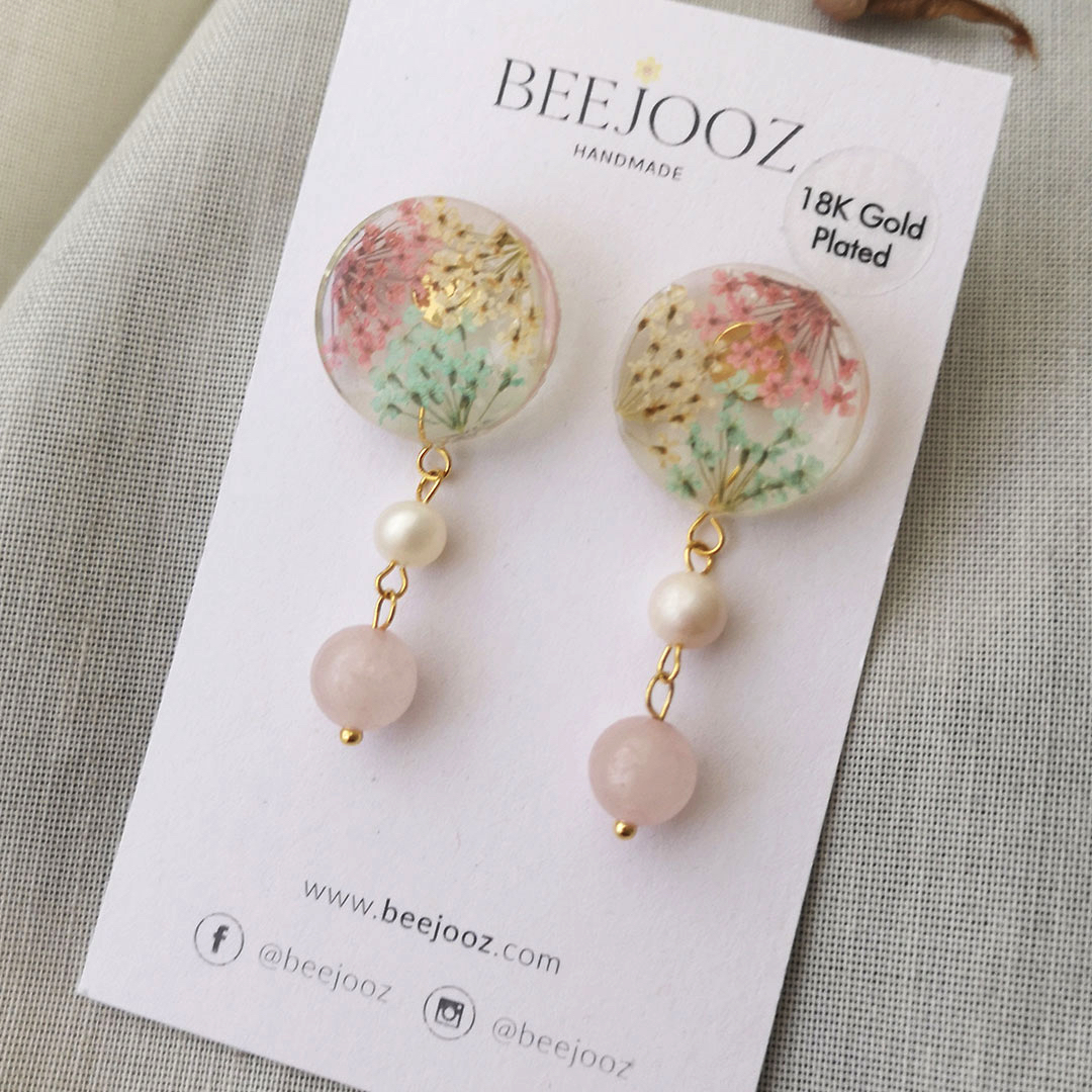 18k Gold Plated Pastel Colour Lace Flower With Rose Quartz Stud Drop on ...